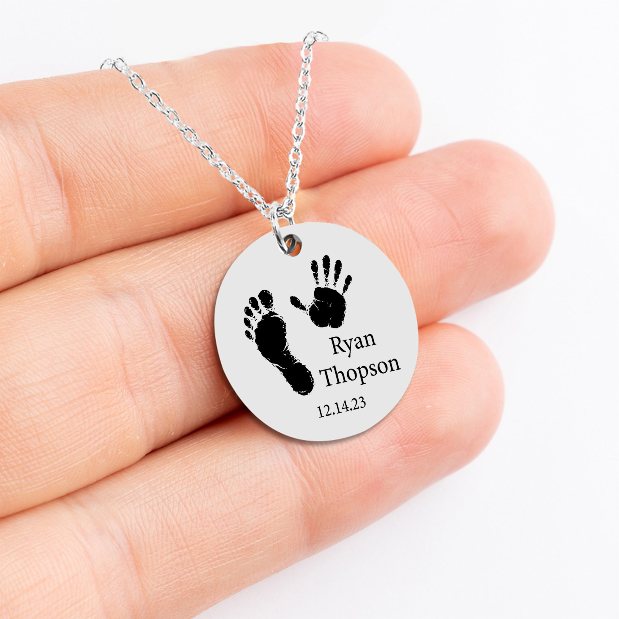 Personalized Footprint and Handprint With Name & Date Coin Necklace ...