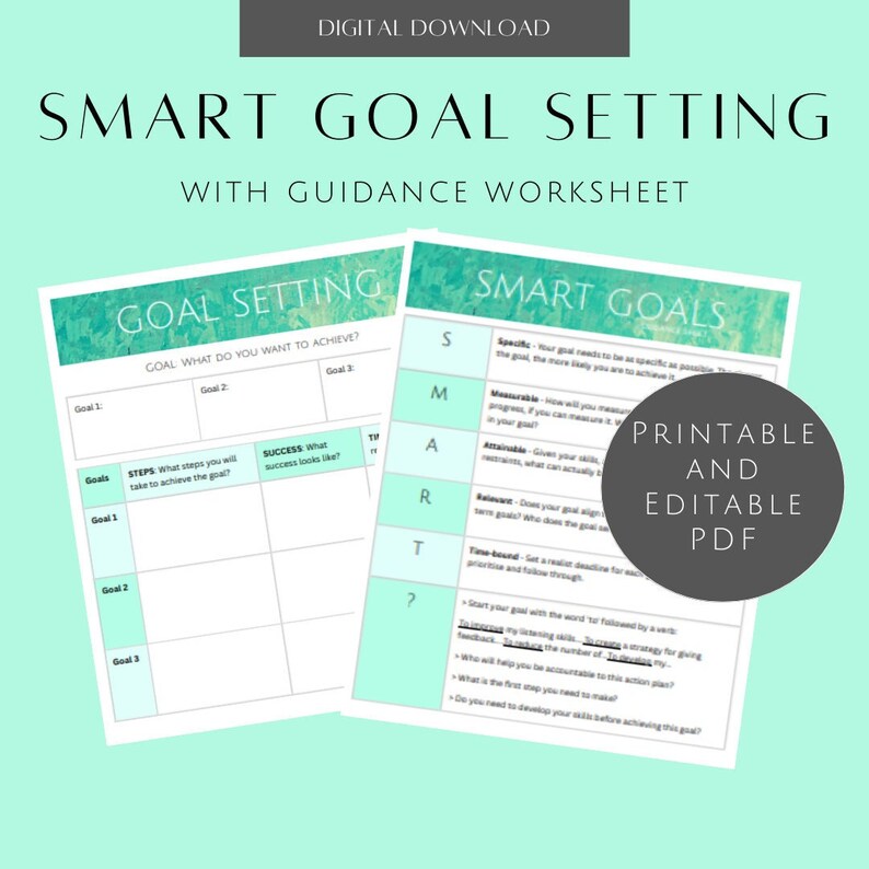 SMART Goal Setting Worksheet With Guidance, Goal Planning, PDF and Word ...