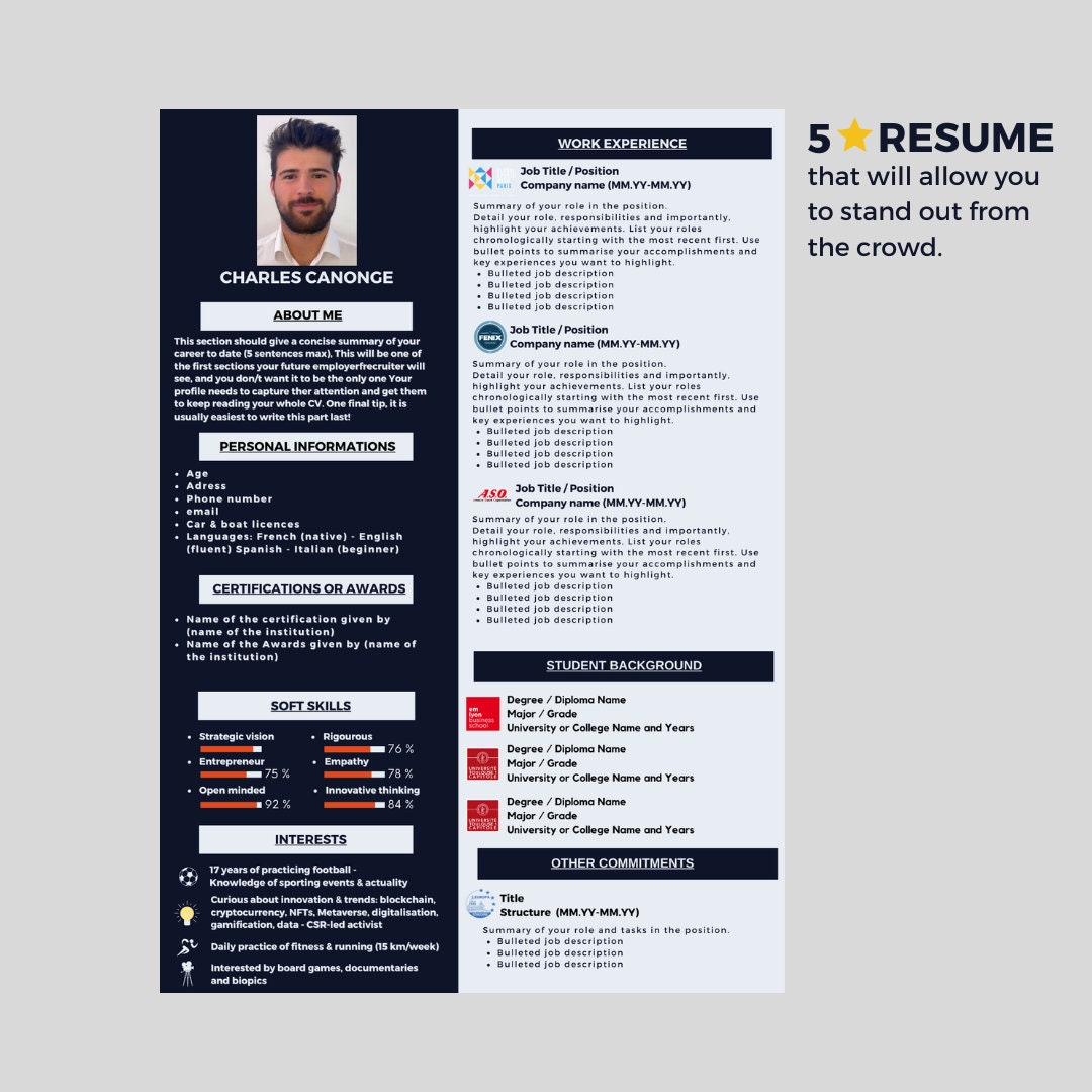 5 Stars RESUME / CV - Etsy