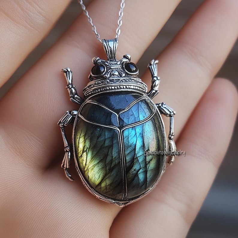 14K Gold Gemstone Scarab Pendant: Hand Carved Amulet Charm - Etsy
