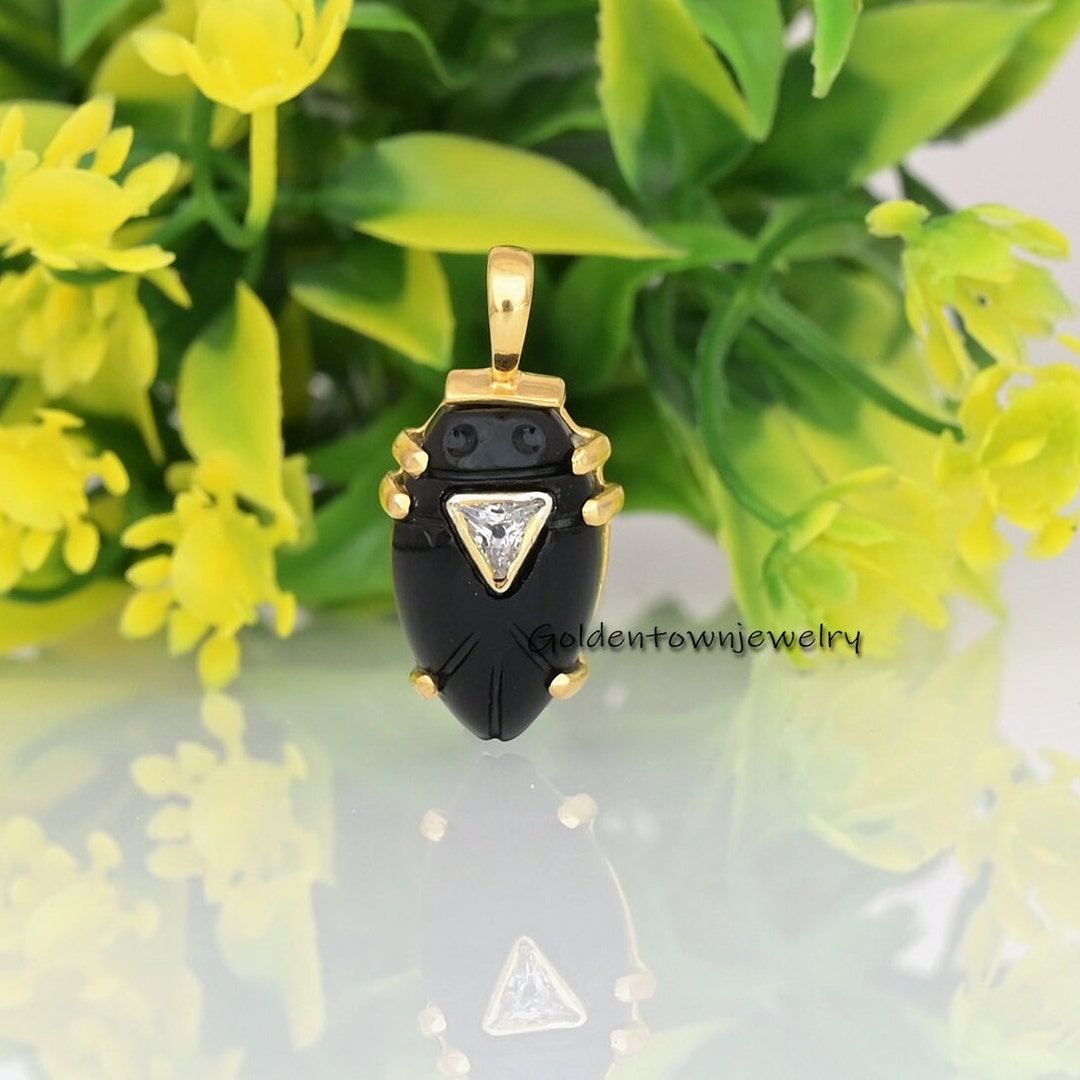 14K Gold Gemstone Scarab Pendant, Hand Carving Scarab, Carved Scarab ...