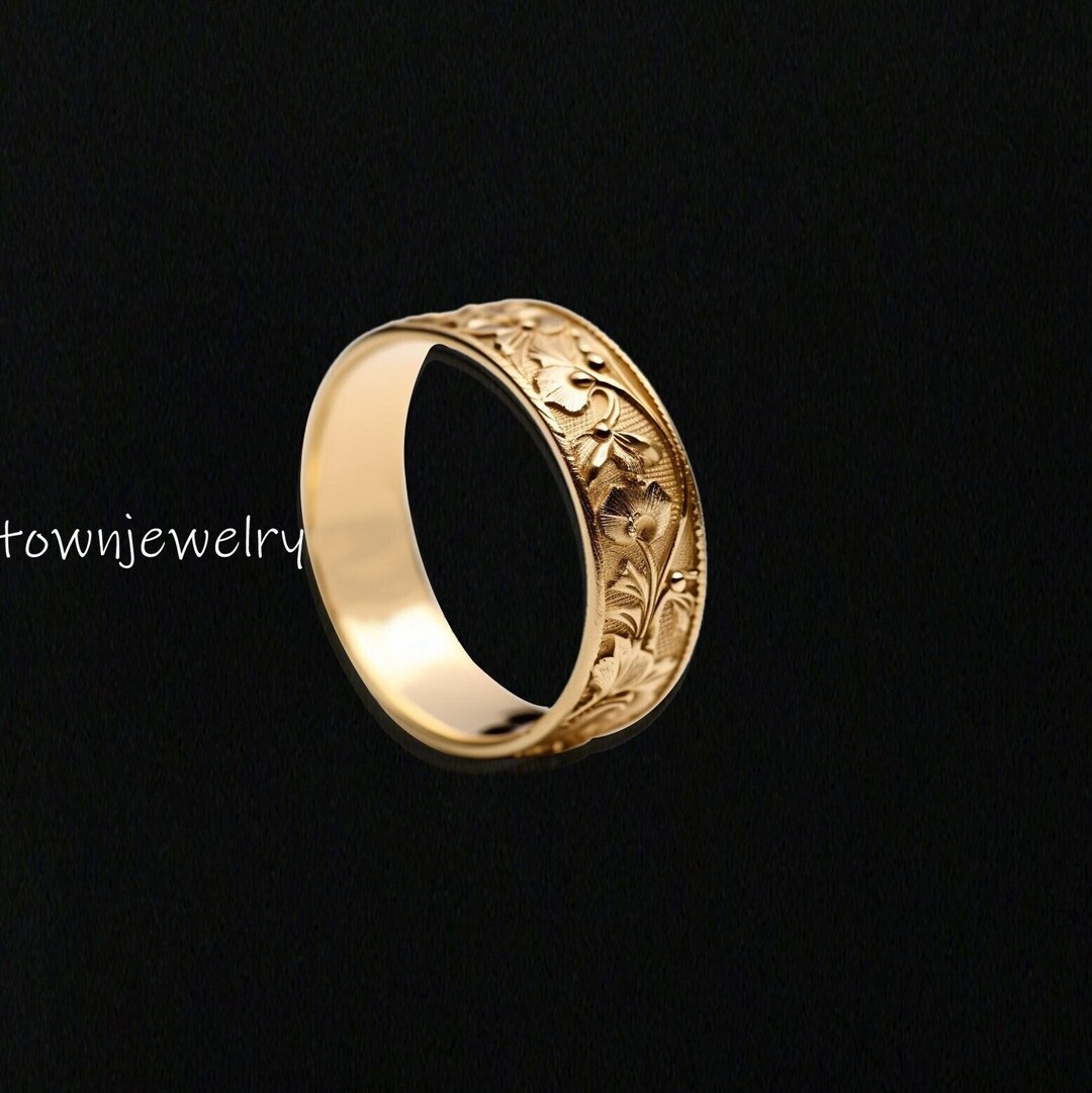 14k Gold Flower Texture Ring, 14k Gold Pattern Ring, 14k Gold Texture Ring, Solid 14k Gold Ring ...