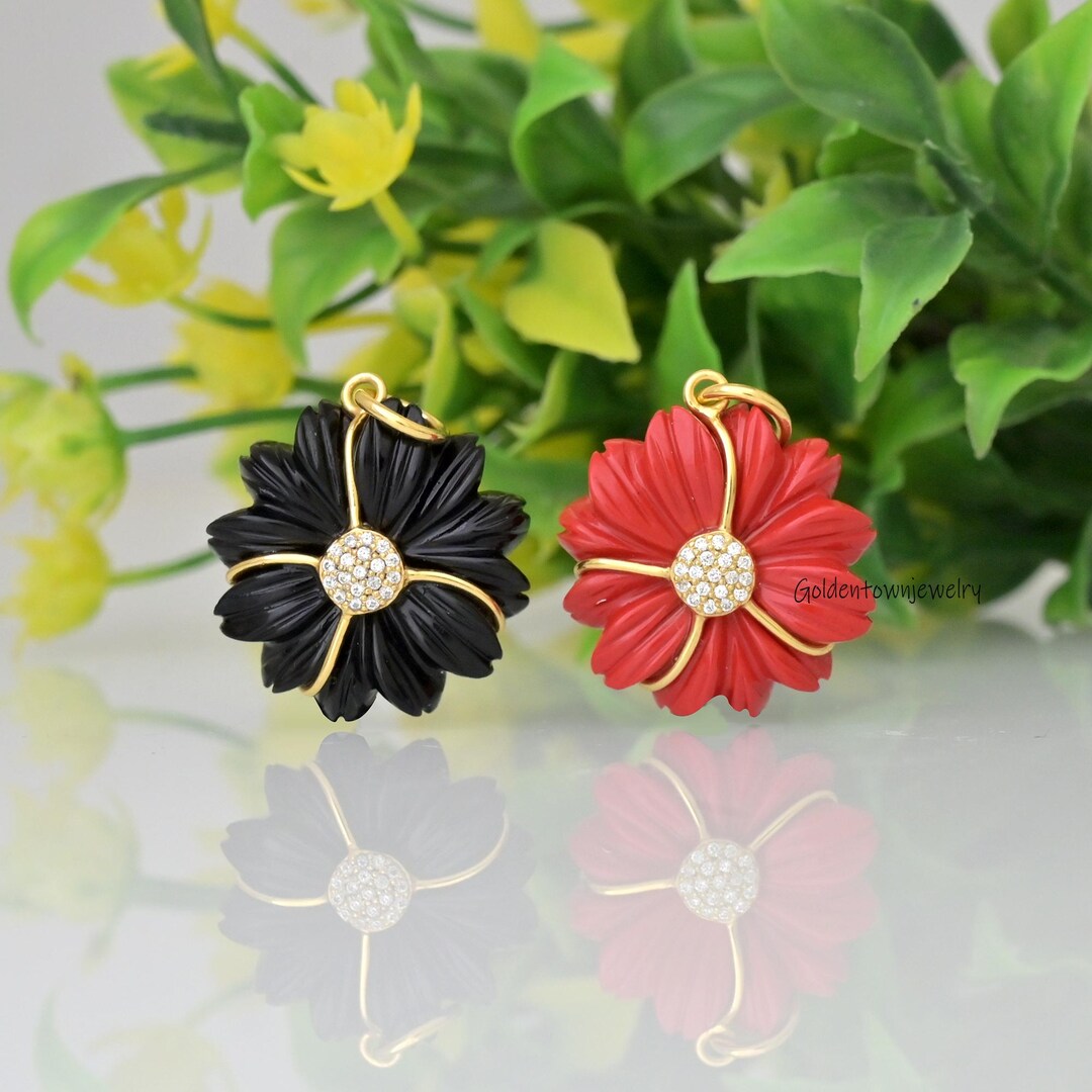 14K Gold Lapis Lazuli Flower Pendant: Hand-carved Gemstone Jewelry - Etsy