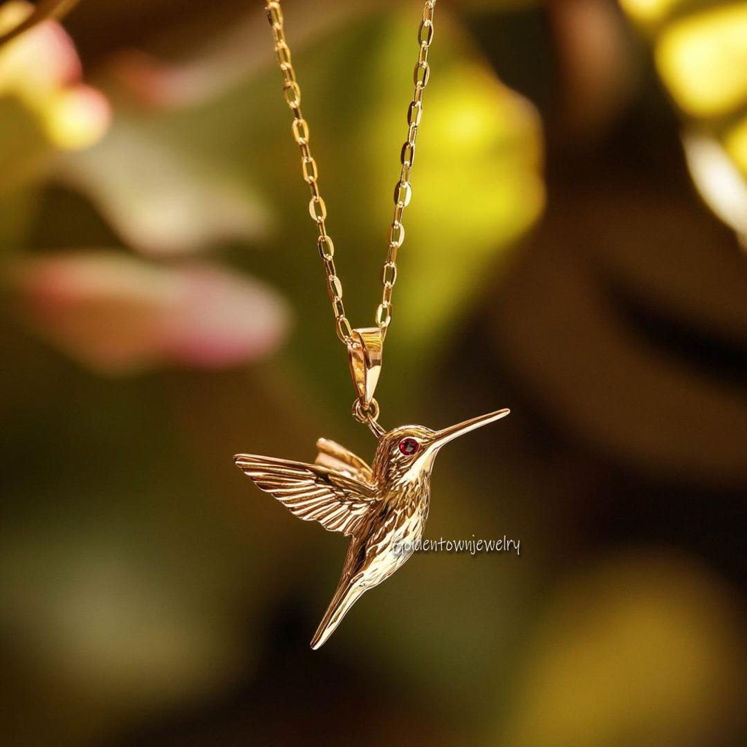 14k Gold Hummingbird Pendant: Dainty Bird Necklace - Etsy