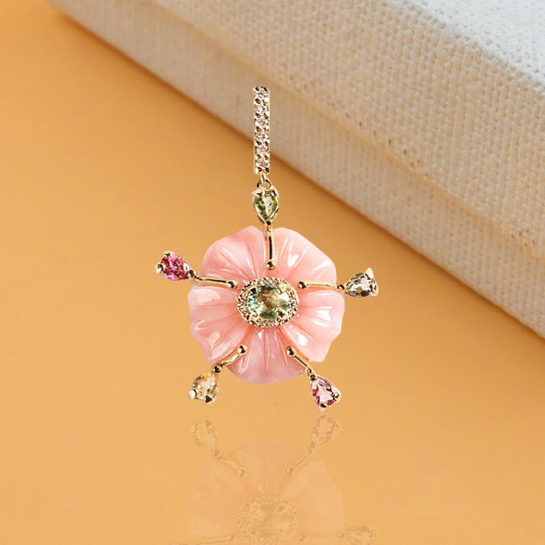 14K Gold Gemstone Flower Pendant, Hand Craving Flower Charm, Gemstone ...