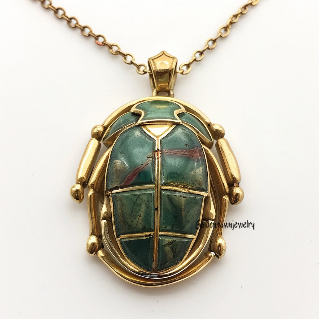 14K Gold Gemstone Scarab Pendant, Hand Carving Scarab, Carved Scarab ...
