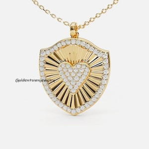 14k Gold Diamond Shield Medallion Pendant, 14k Gold Fluted Shield ...