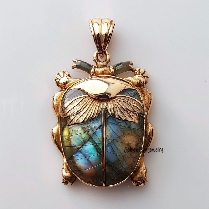 14K Gold Gemstone Scarab Pendant, Hand Carved Egyptian Beetle Amulet - Etsy