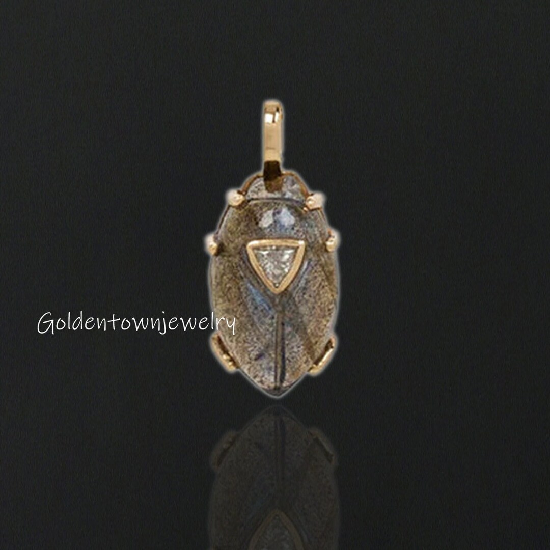 14K Gold Gemstone Scarab Pendant, Hand Carving Scarab, Carved Scarab ...
