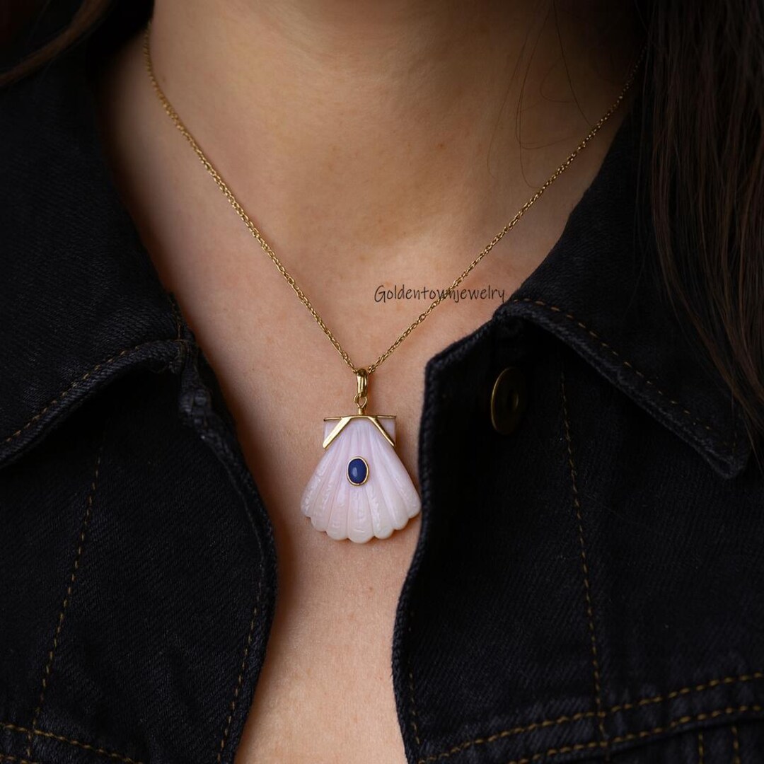 Hand Carved Scallop Shell Pendant, 14K Gold Plated Sterling Silver ...