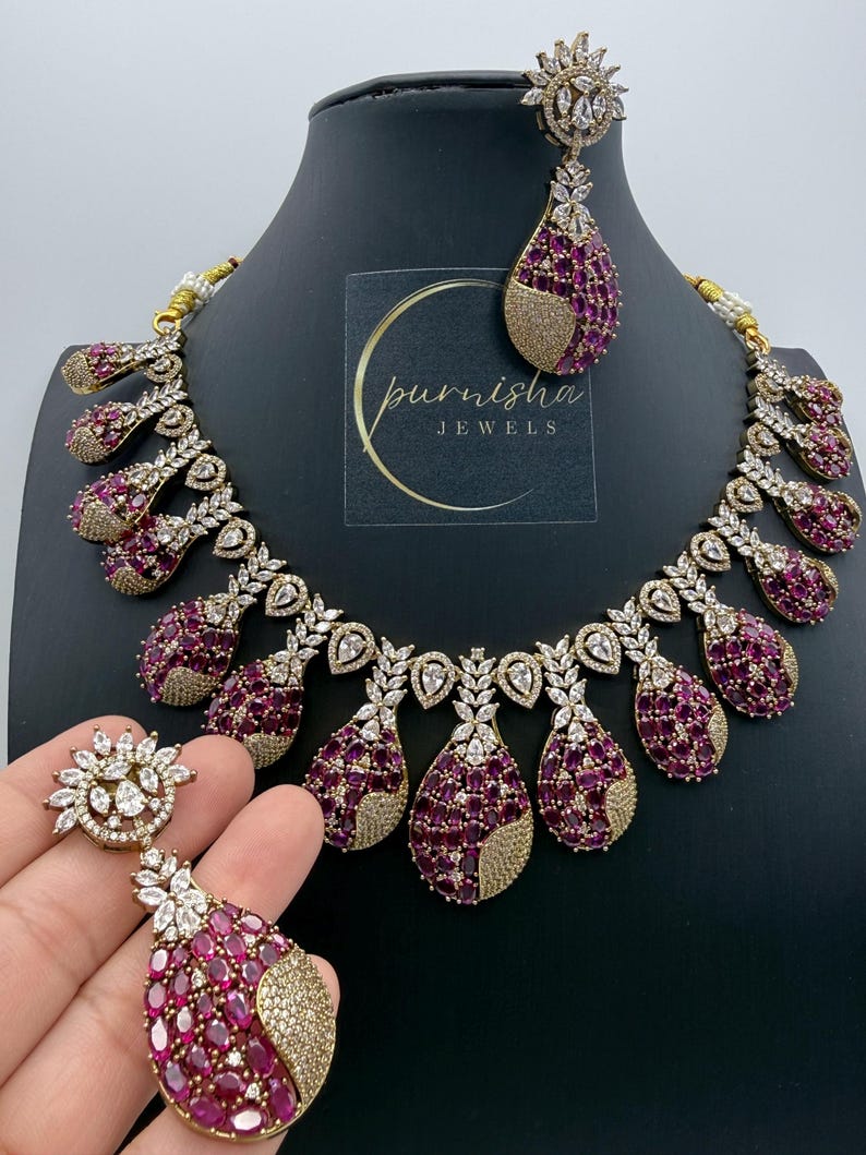 Ruby CZ Diamond Necklace for Women, American Diamond Necklace Set With ...