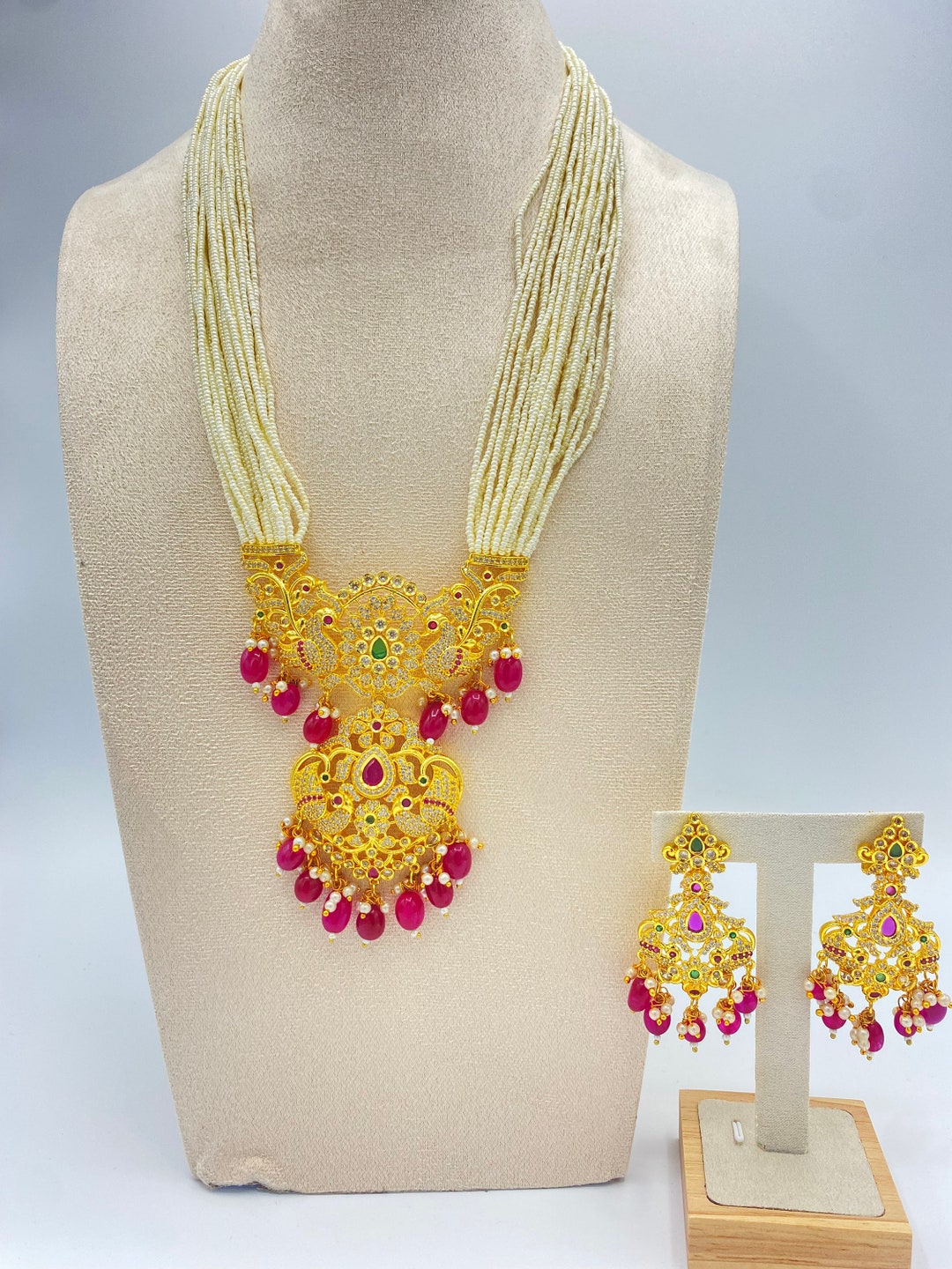 Ruby Long American Diamond Long Mala Necklace Set/ - Etsy