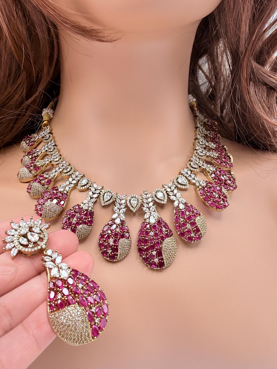 Ruby CZ Diamond Necklace for Women, American Diamond Necklace Set With ...