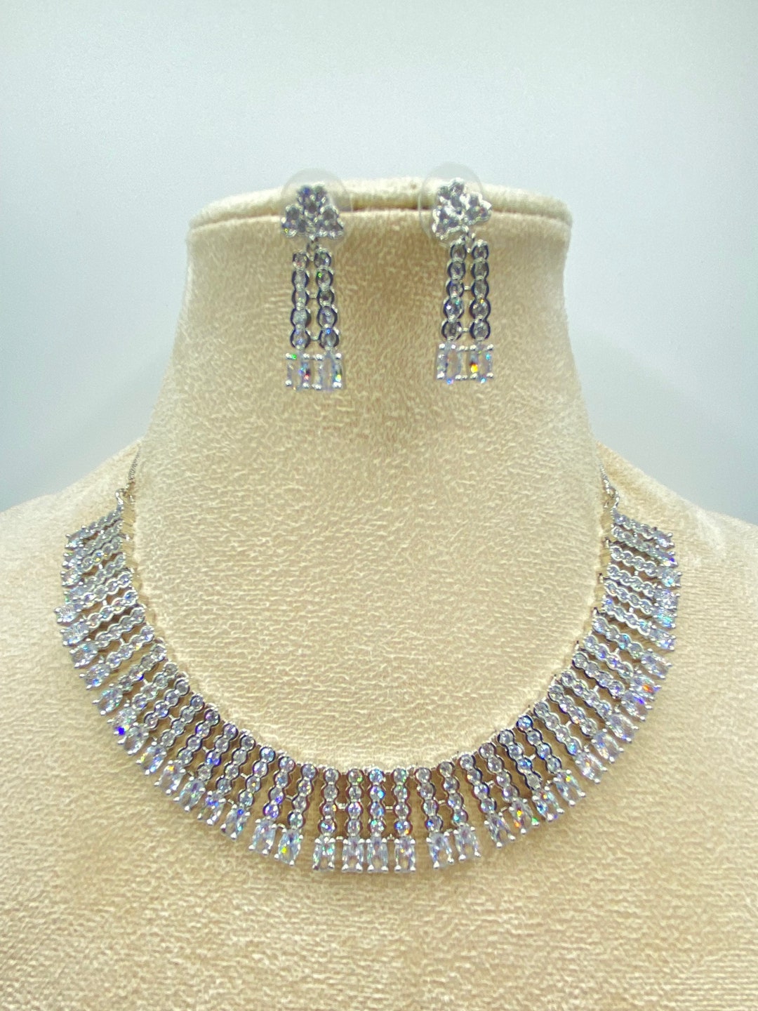 Silver White CZ Diamond Necklace Set, Indian Bridal Jewelry - Etsy