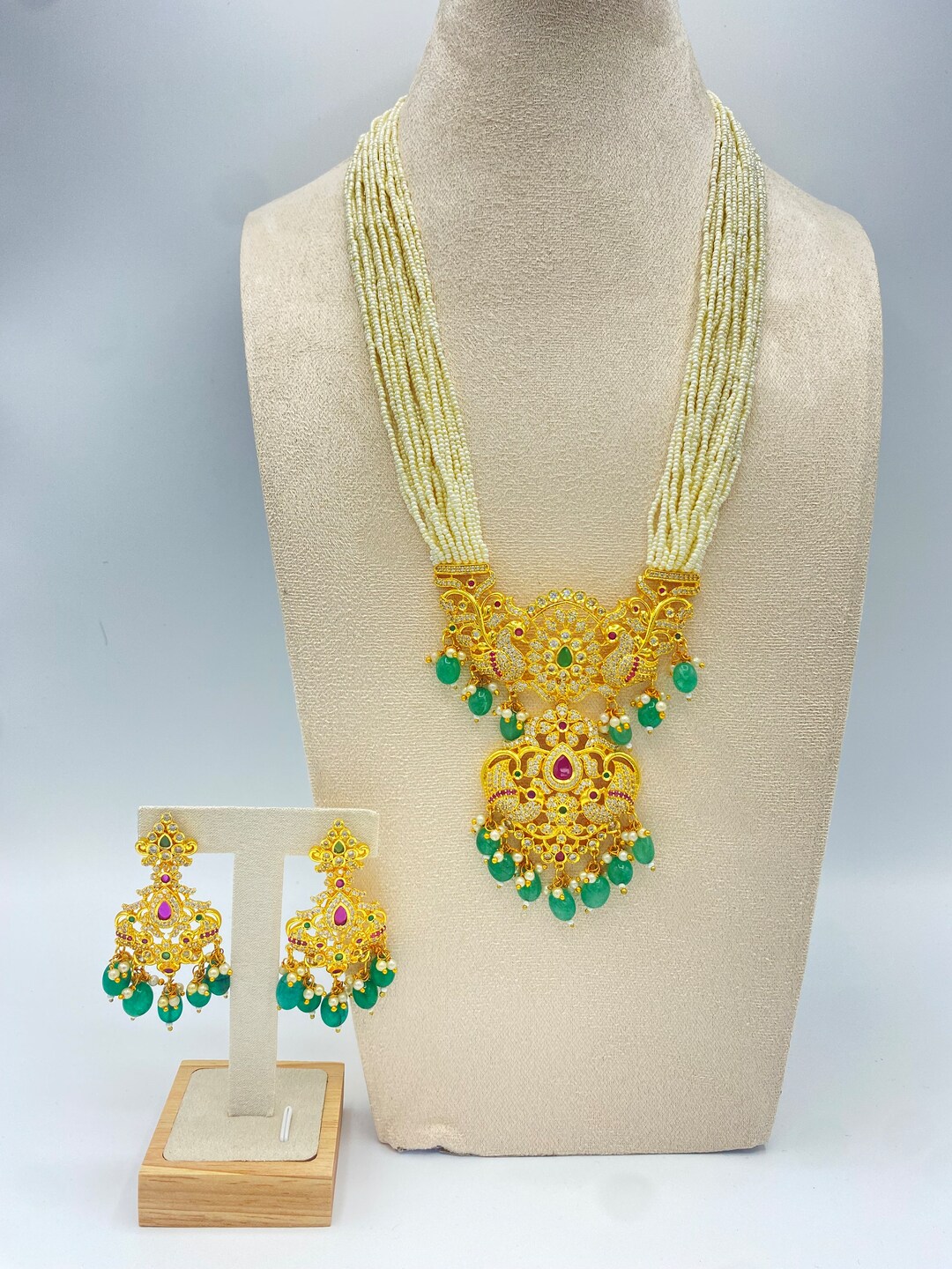 Mint Green Rani Haar: Long Mala Necklace Set, Bollywood Jewelry - Etsy