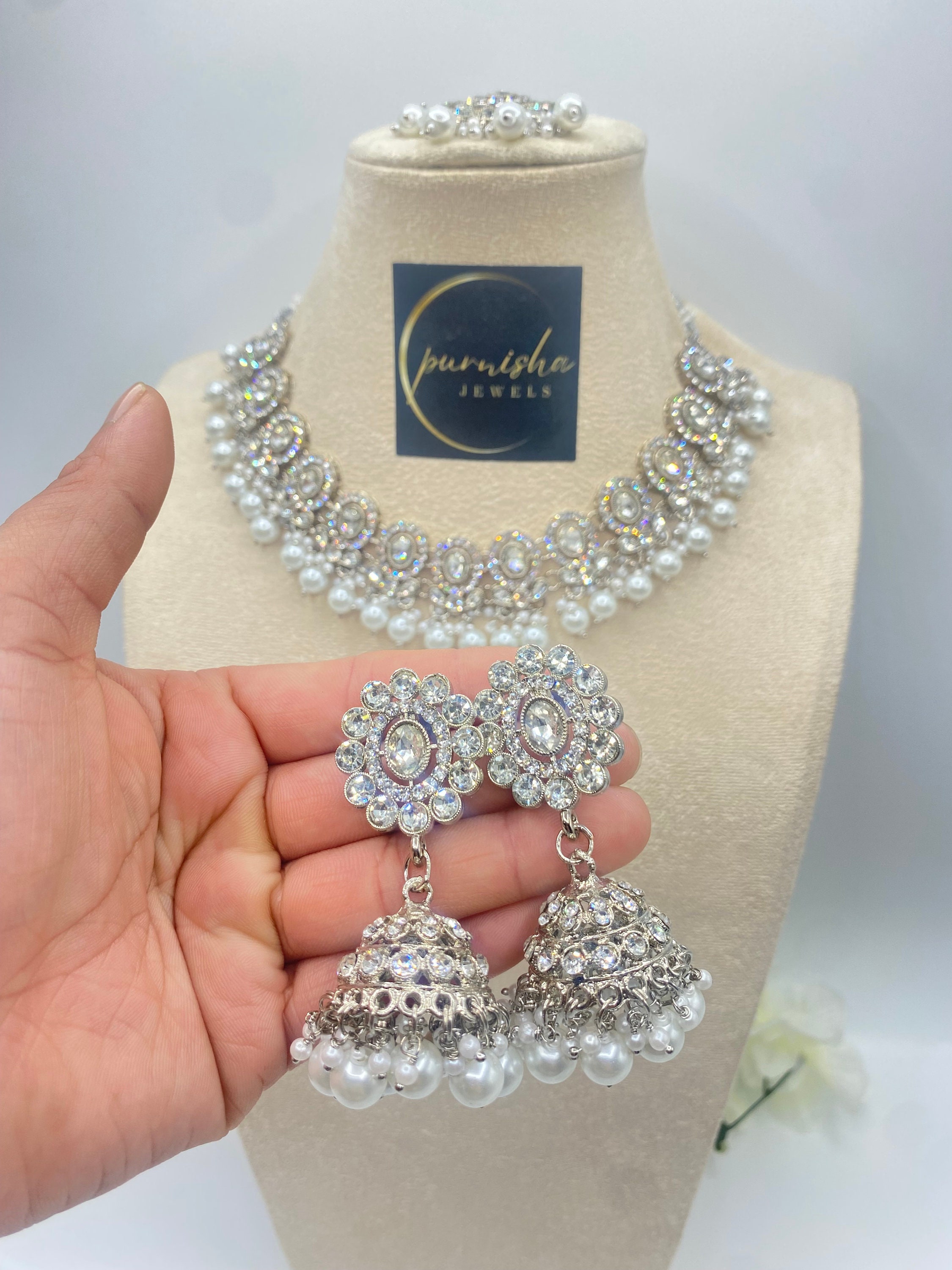 Silver White Indian Polki Necklace/ Pakistani Necklace/ Indian Jewelry ...