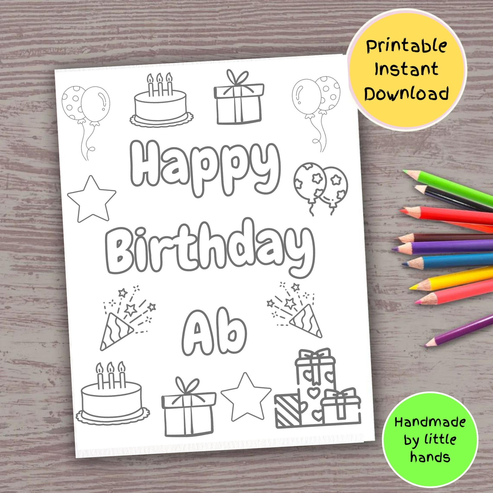 Happy Birthday Ab Printable Coloring Page for Kids, Cute Handmade Diy ...
