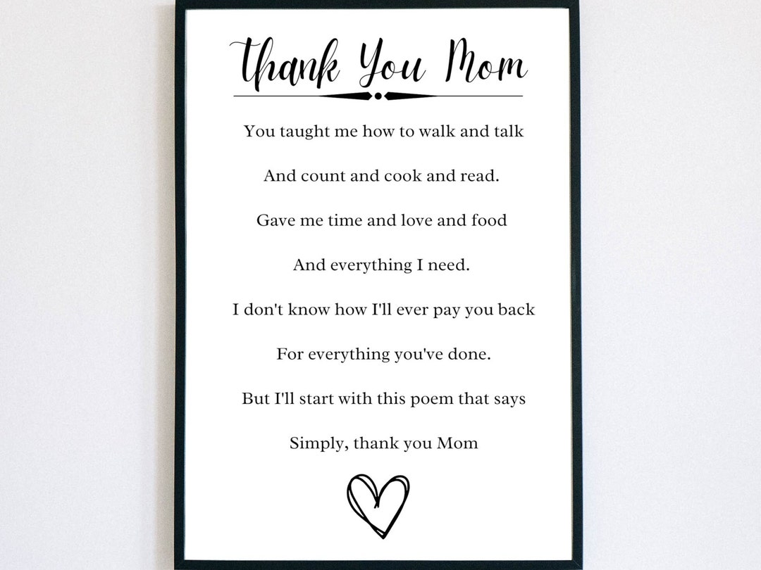 Thank You Mom Poem Printable Thanks Gift for Mom Mother Birthday ...