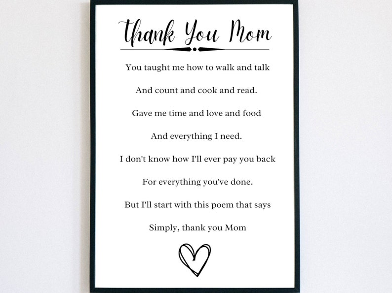 Thank You Mom Poem Printable Handmade DIY Thankyou Unique Gift for Mom ...