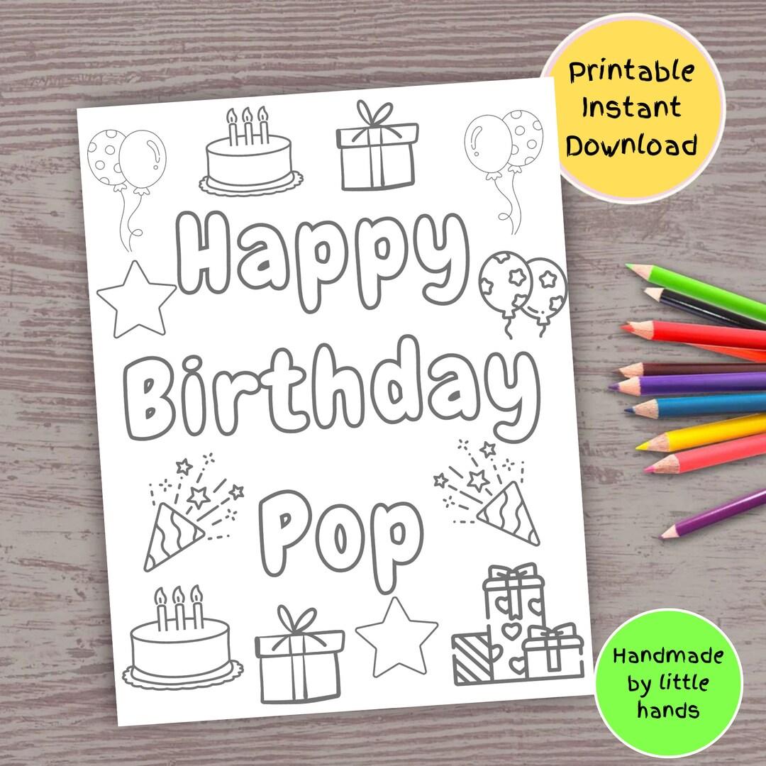 Happy Birthday Pop Printable Coloring Page for Kids, Cute Easy Handmade ...