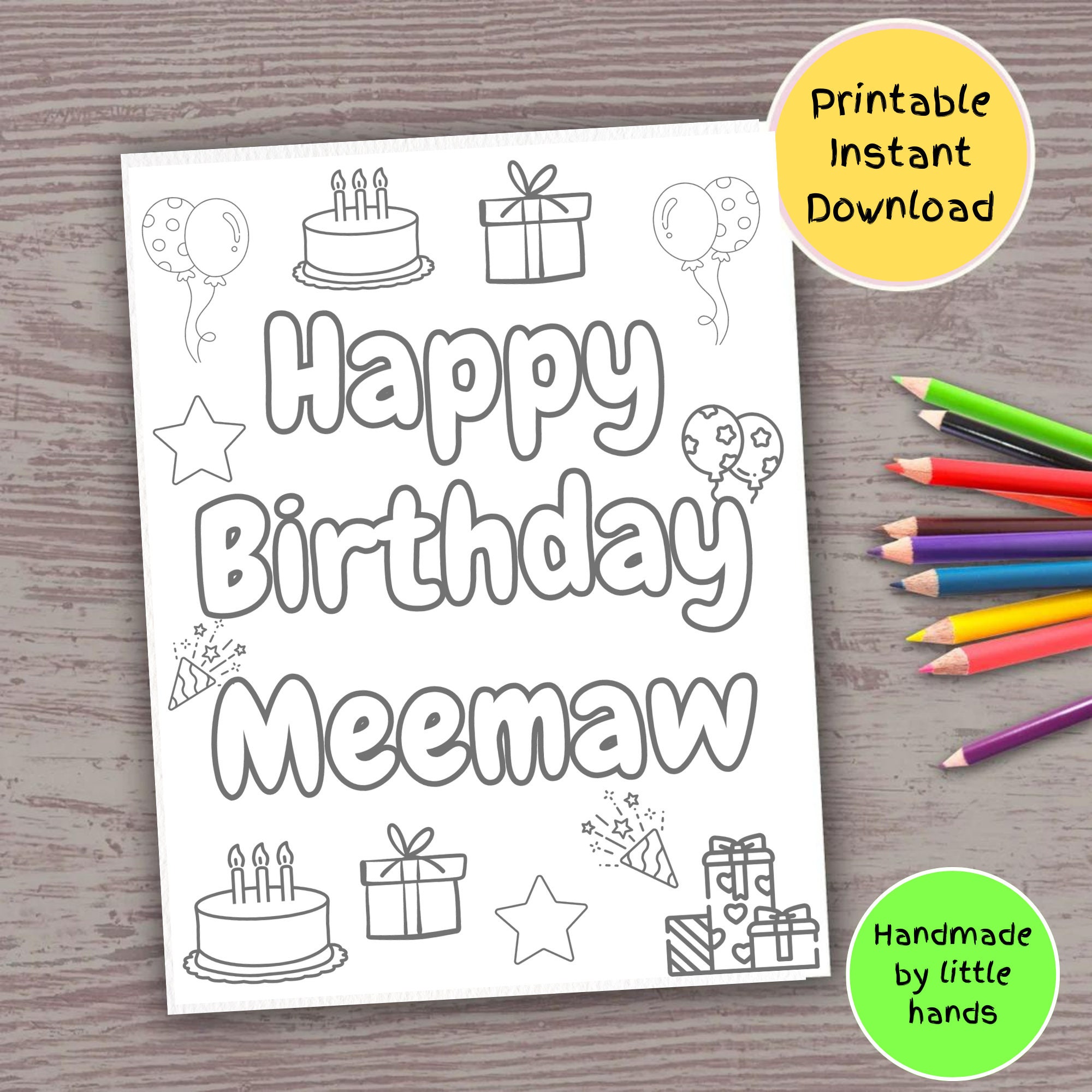 Happy Birthday Meemaw Printable Coloring Page for Kids, Handmade Diy ...