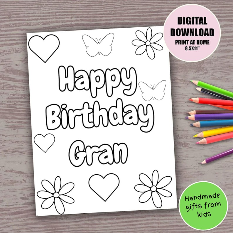 Happy Birthday Gran Coloring Page: DIY Card Gift (digital Download ...