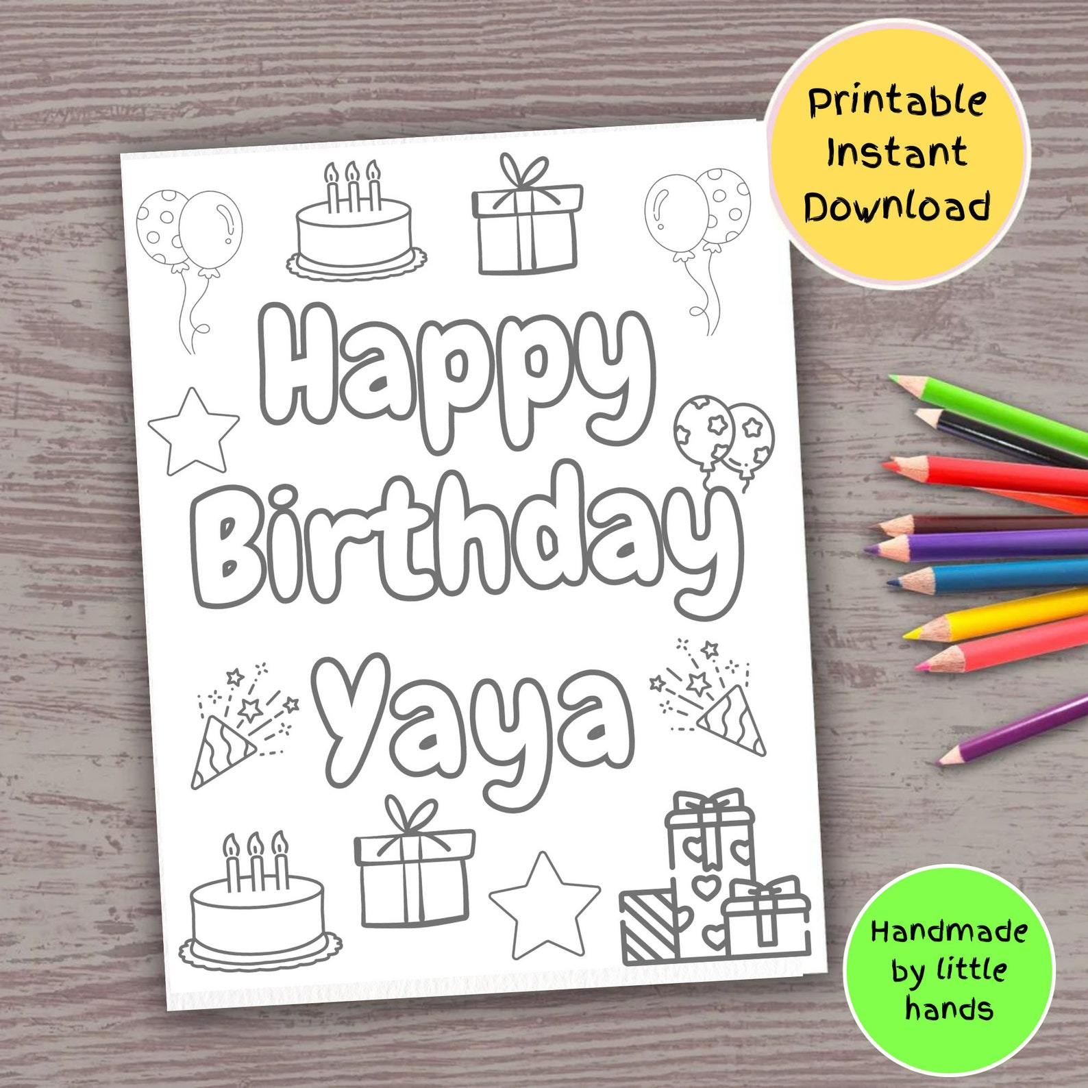 Yaya Birthday Printable Coloring Page for Kids, Cute Handmade Birthday ...