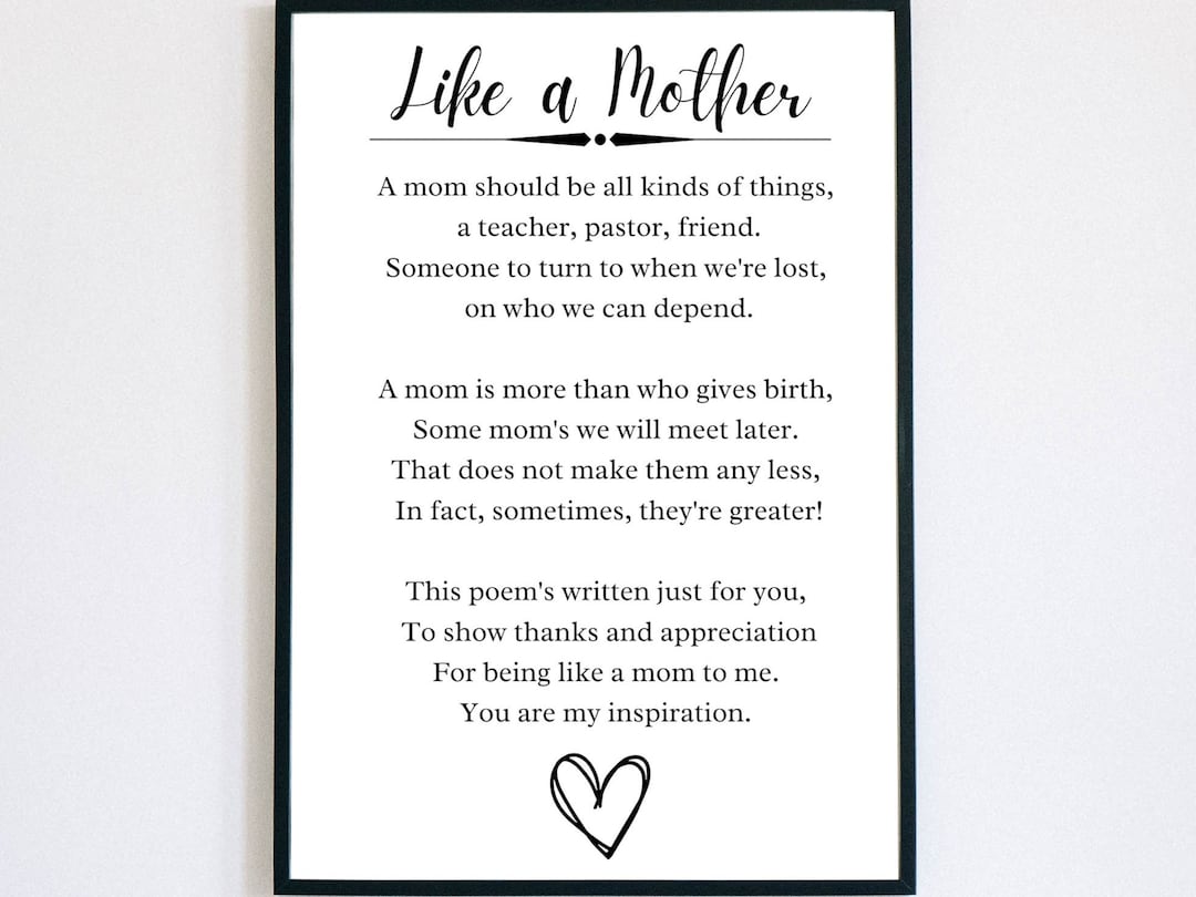 Like a Mother Poem Printable Handmade Unique Mothers Day Birthday ...