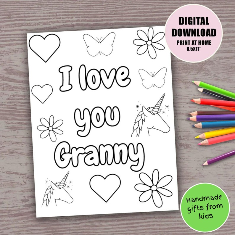 Granny Printable Coloring Page for Kids Cute Handmade Unicorn Butterfly ...