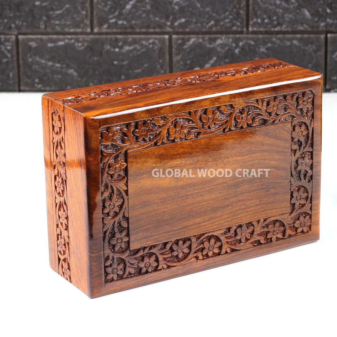 Handcrafted Rosewood Cremation Urn: Carved Floral Design, 150 Cubic ...