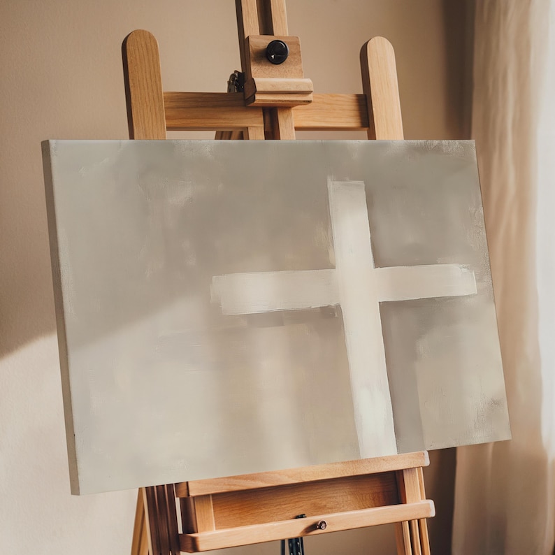 Minimalist Christian Cross Canvas Print, Beige Neutral Wall Art ...