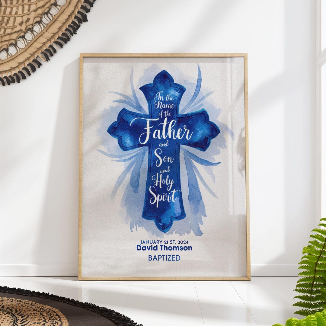 Custom Baptism Gift Christian Cross Print Blue Faith Decor for Boy and ...