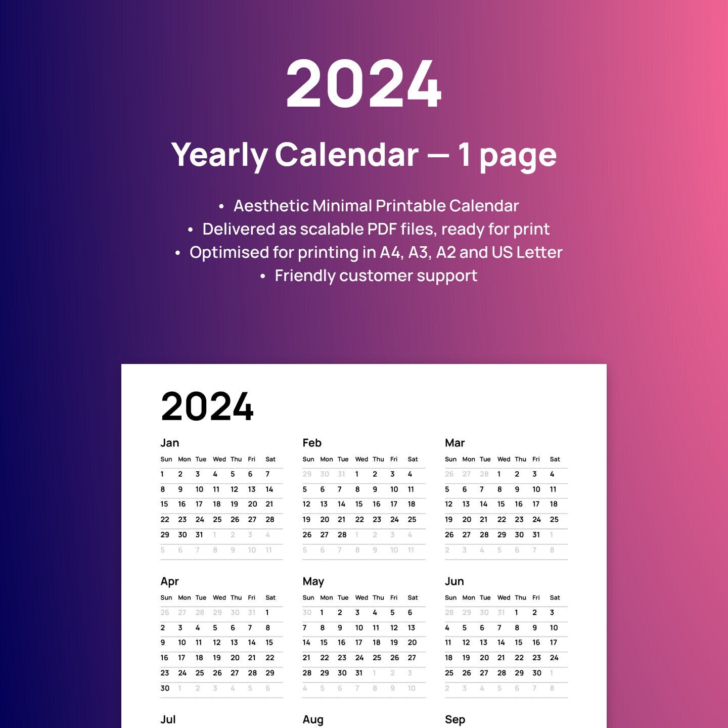2024 Minimal Printable Calendar, A4, A3, A2 and US Letter Calendar ...