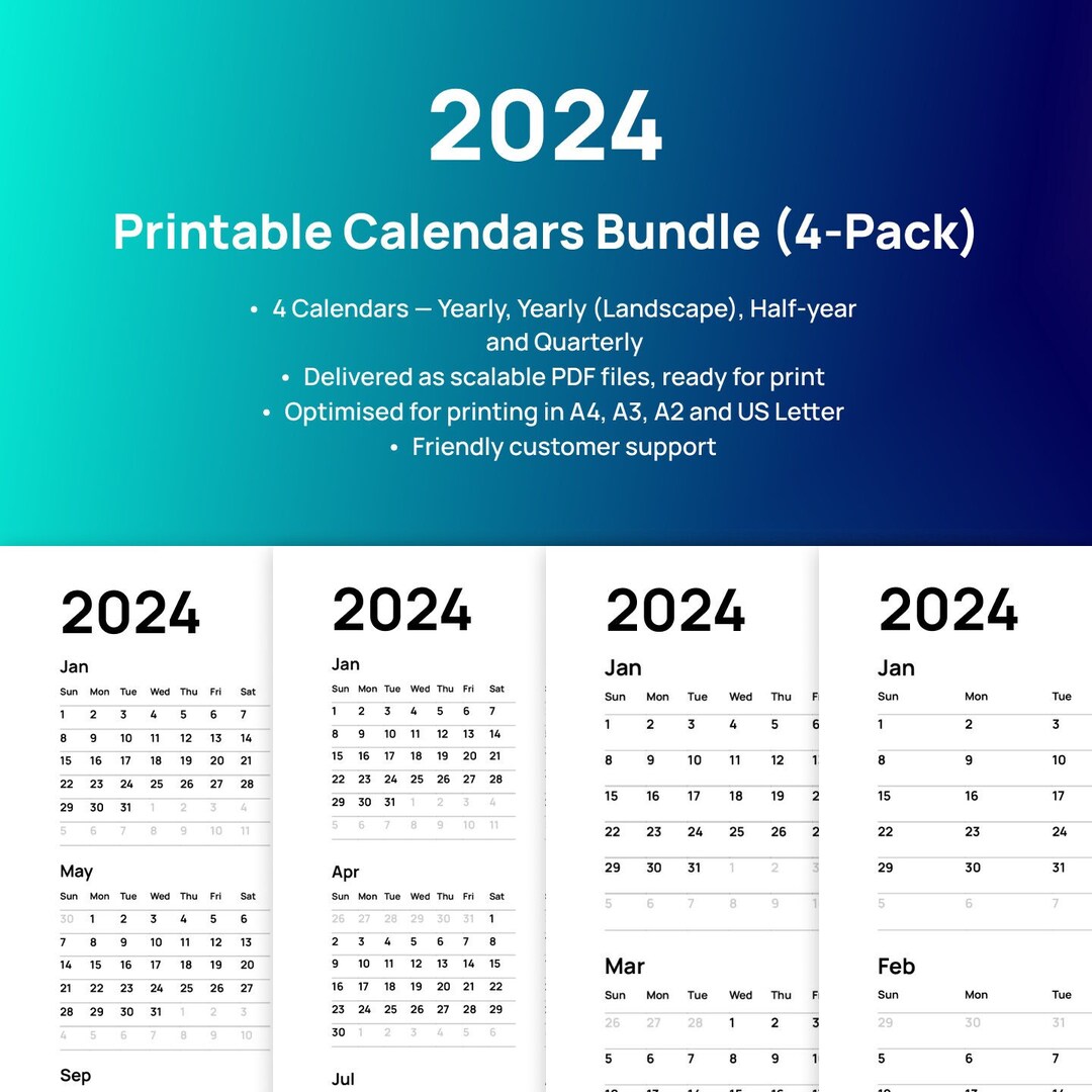 2024 Printable Calendars Bundle 5-pack, A4, A3, A2 and US Letter ...