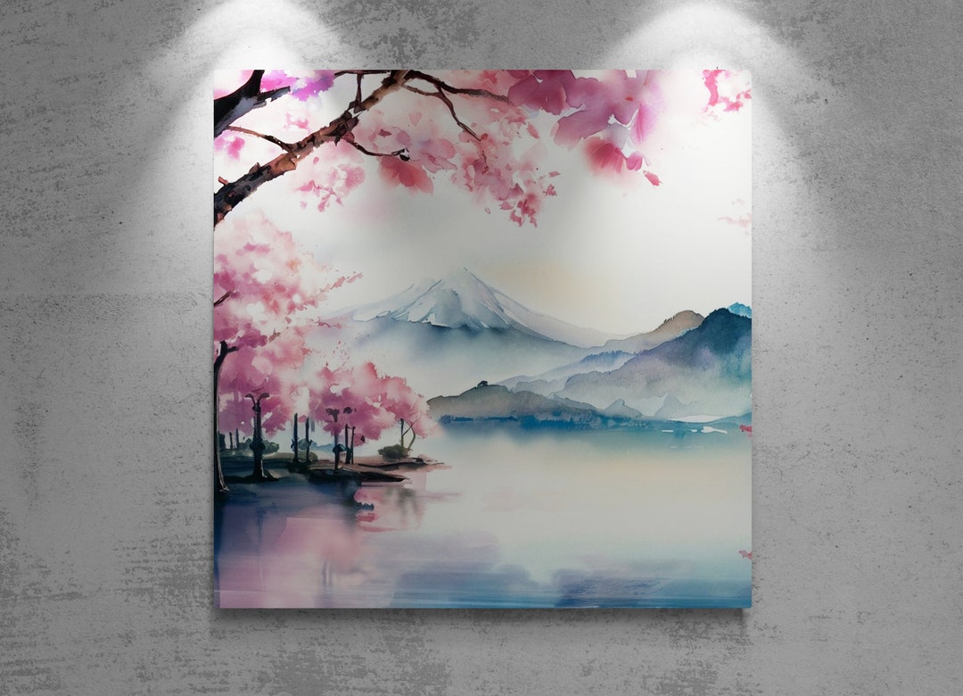 Japanese Pink Sakura Floral: Watercolor Mountain Range on Lakefront ...