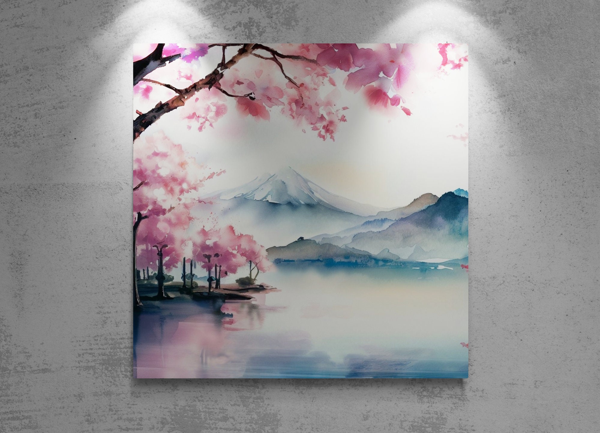 Japanese Pink Sakura Floral: Watercolor Mountain Range on Lakefront ...