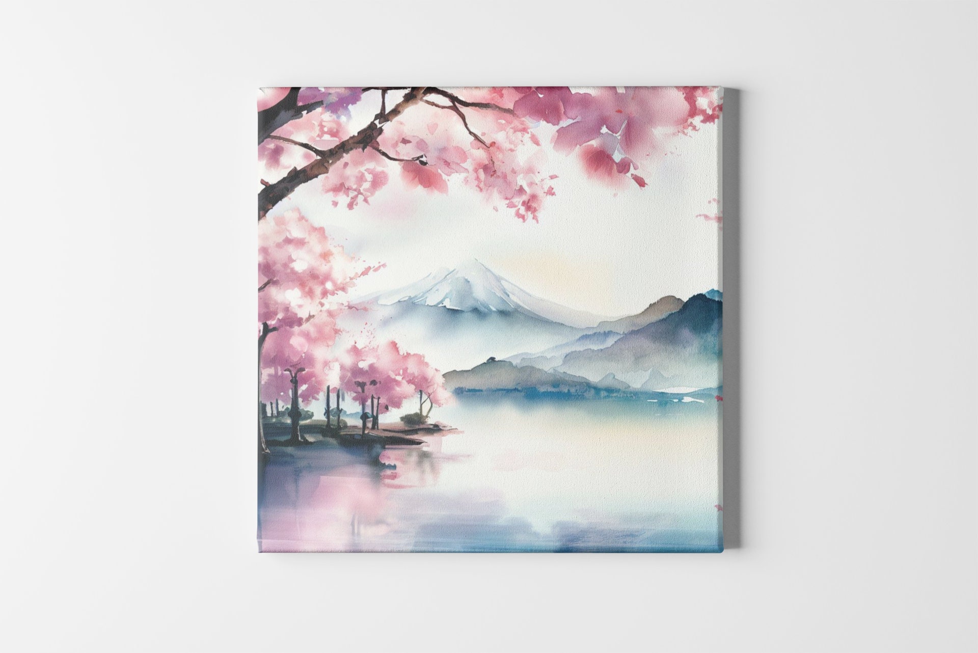Japanese Pink Sakura Floral: Watercolor Mountain Range on Lakefront ...