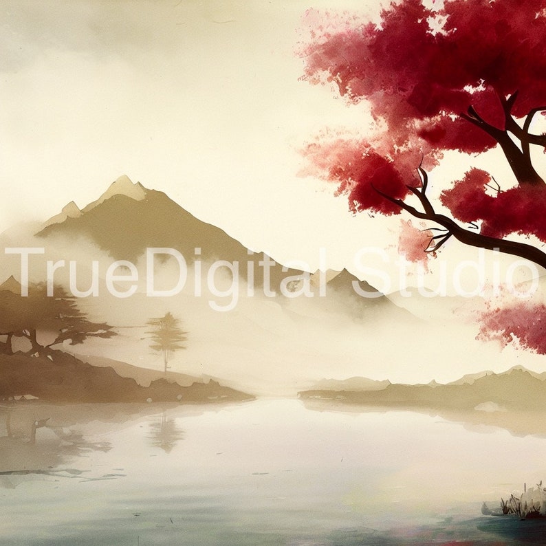Vintage Red Sakura Tree: Minimalist Japanese Watercolor - Etsy