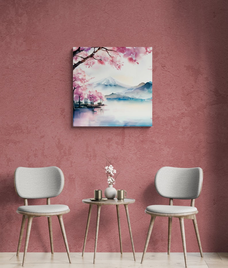 Japanese Pink Sakura Floral: Watercolor Mountain Range on Lakefront ...