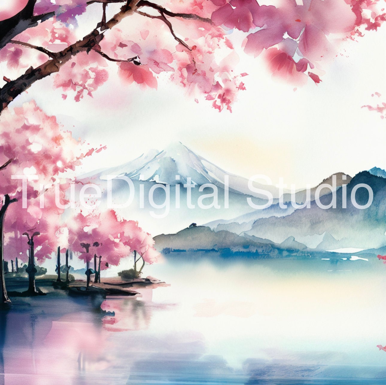 Japanese Pink Sakura Floral: Watercolor Mountain Range on Lakefront ...