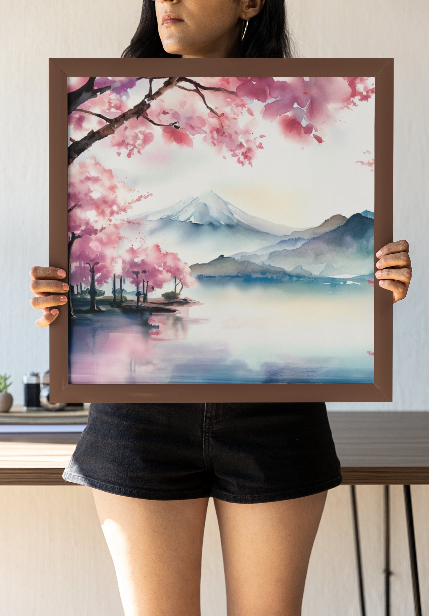 Japanese Pink Sakura Floral: Watercolor Mountain Range on Lakefront ...