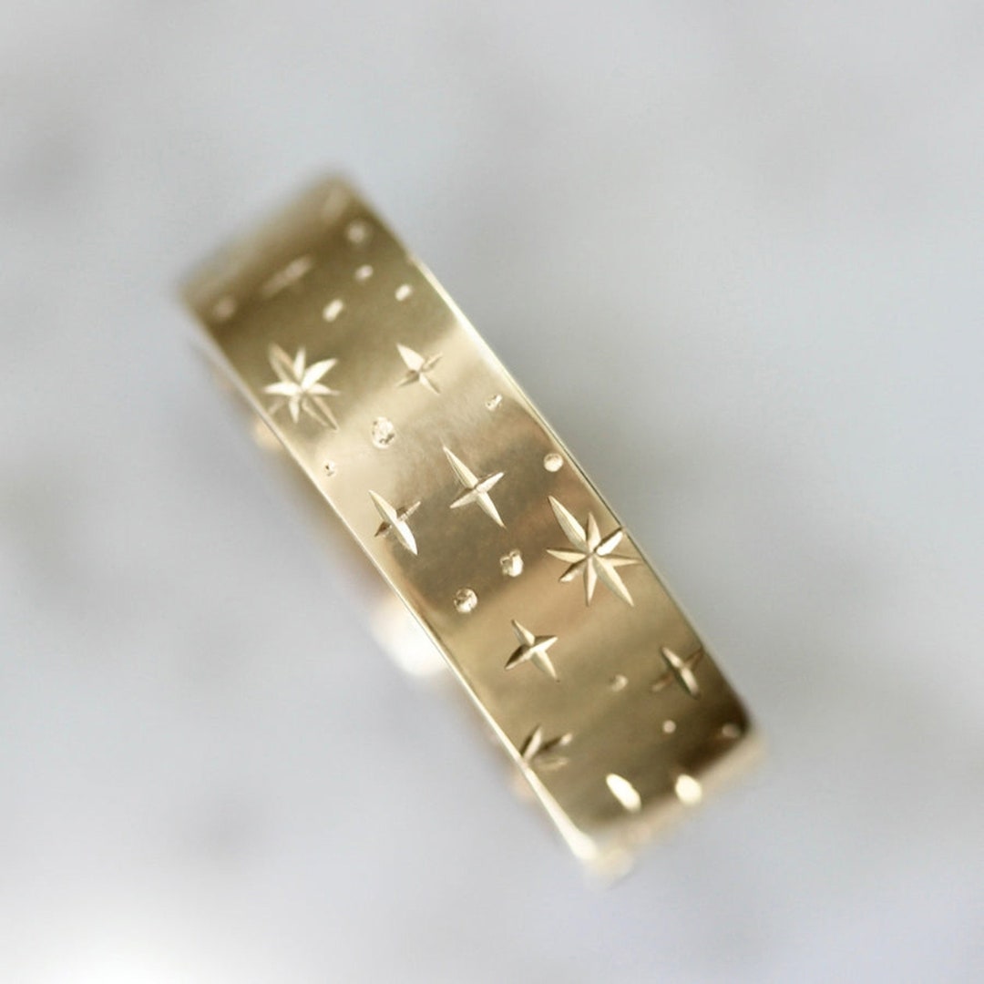 6mm Orion Star Engraved 14K Gold Band Solid 14k Star Diamond Cut ...