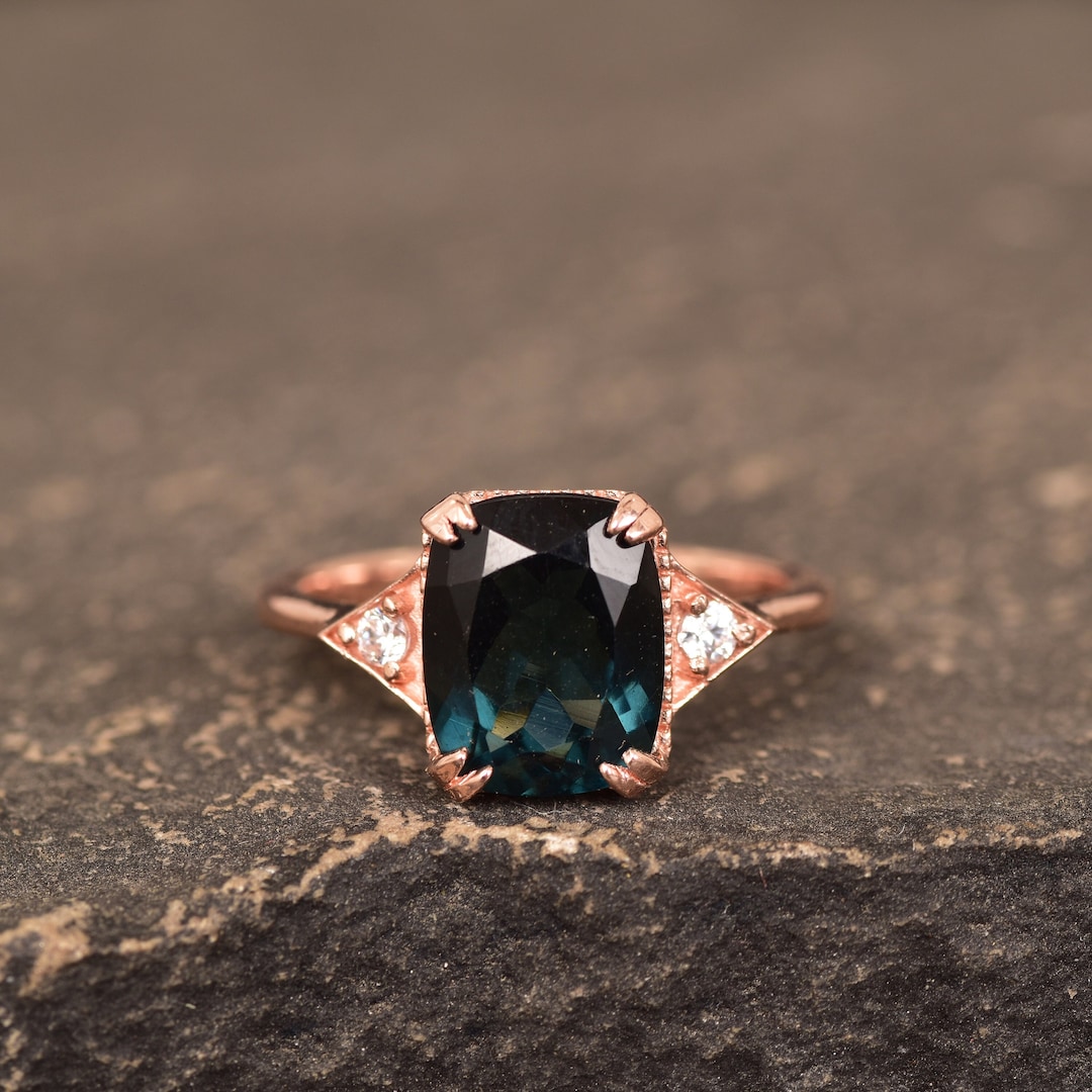 Cushion Cut Ocean Teal Sapphire Ring Teal Sapphire Engagement Ring Lab ...