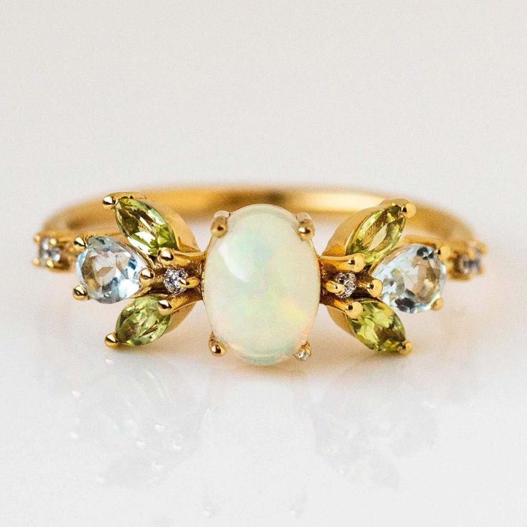 Vintage Opal and Peridot Engagement Ring Aquamarine and CZ Diamond ...