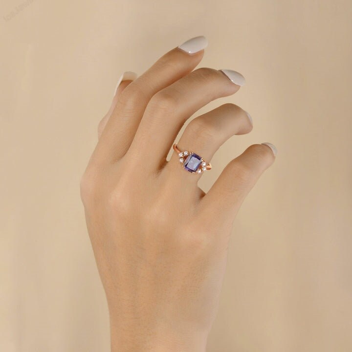 Vintage Octagon Alexandrite and Pearl Engagement Ring Yellow Gold Ring ...