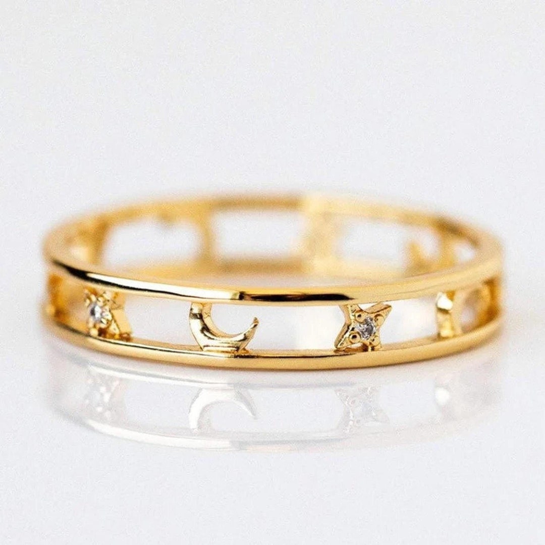 14k Yellow Gold Gold Moon & Star Diamond Ring, Gold Moon Star Diamond ...