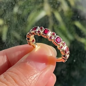 Square Cut Ruby Wedding Band Half Eternity Round Lab-created Ruby Engagement Band, 14K Solid ...