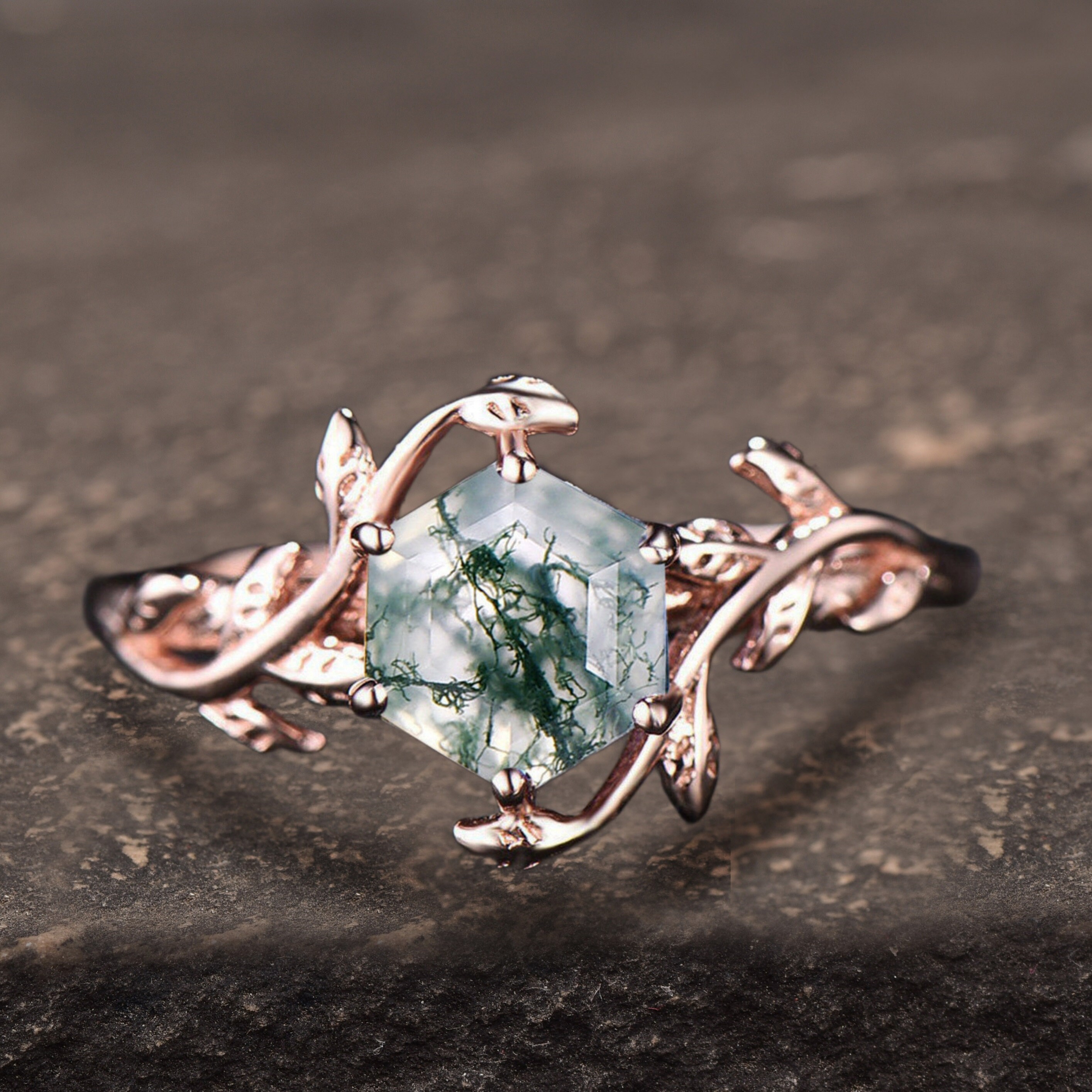 Hexagon Cut Moss Agate Ring Branches Leaf Nature Inspired Solitaire ...