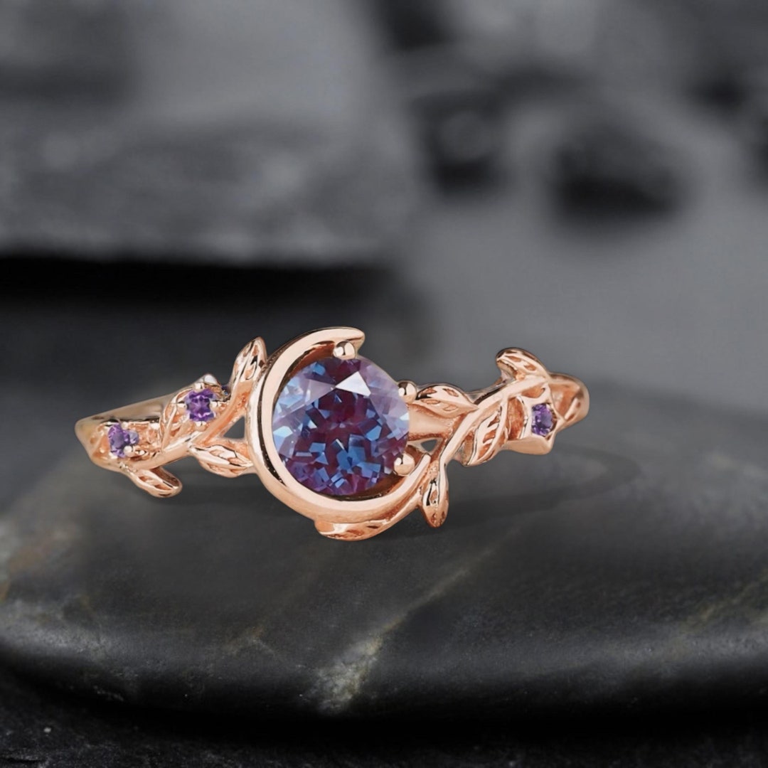 Nature Inspired Color-change Alexandrite Engagement Ring 14K Gold Moon ...