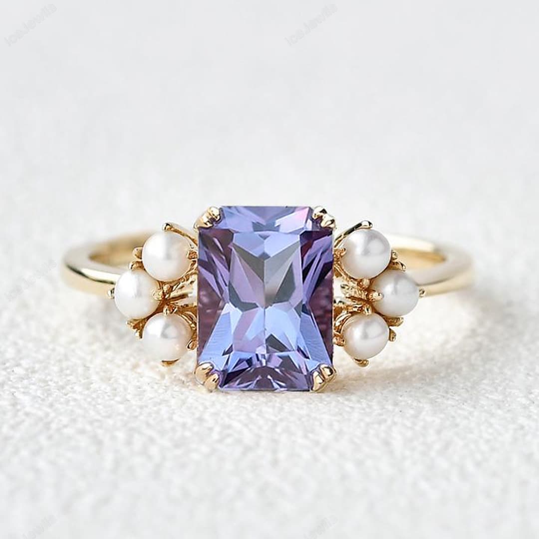 Vintage Octagon Alexandrite and Pearl Engagement Ring Yellow Gold Ring ...